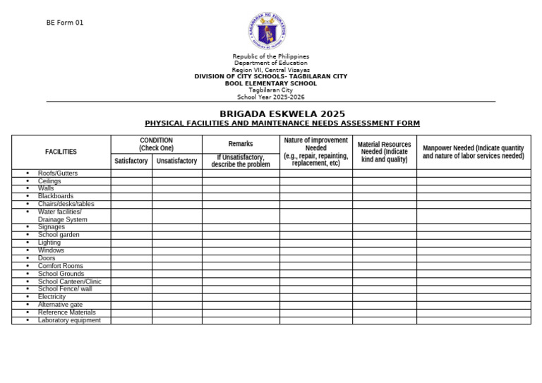 BE Form 1 - PHYSICAL FACILITIES AND MAINTENANCE NEEDS ASSESSMENT FORM | PDF