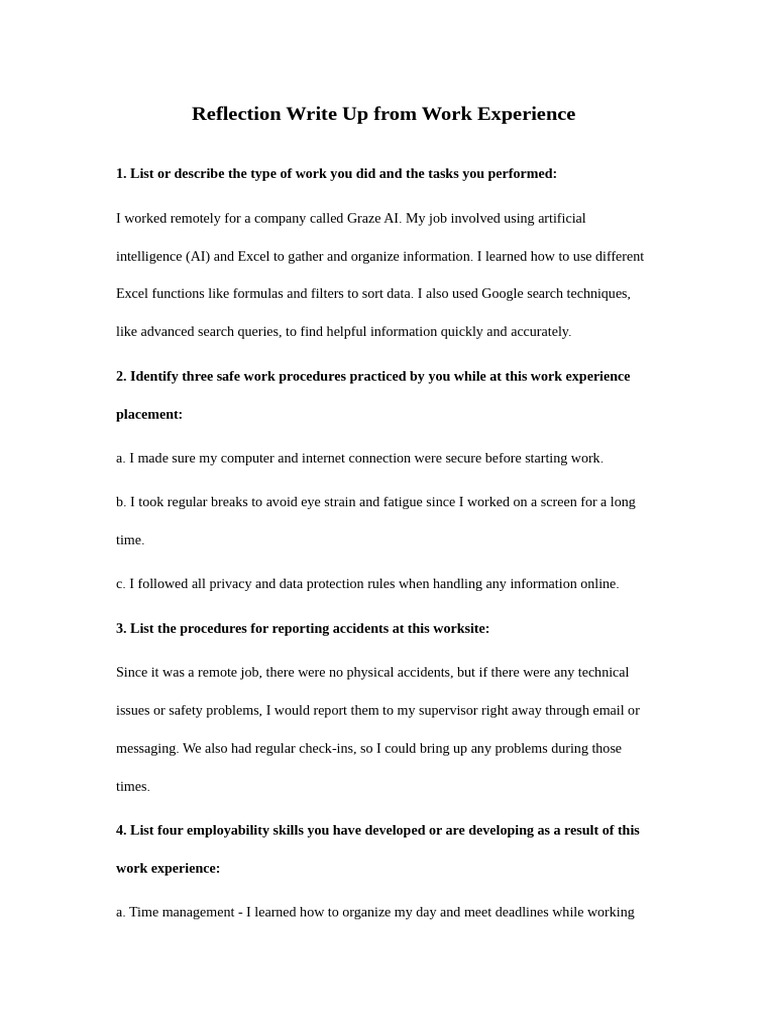 Work Experience Reflection: AI & Excel Skills | PDF | Artificial ...