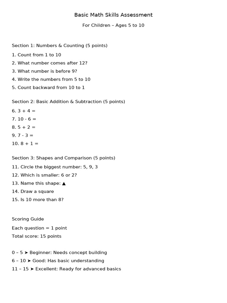 Elementary Math Skills Assessment | PDF