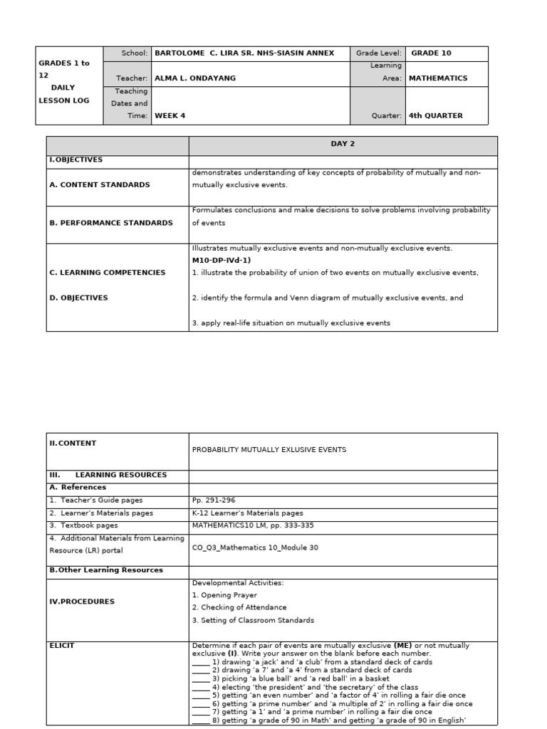 Math 10 4thQ 4th Week Day 2 | PDF | Probability | Teachers