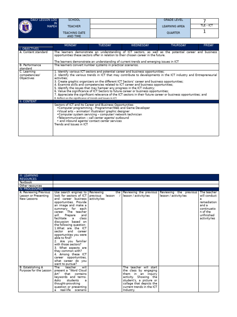 DLL in Tle Ict 7 q1 Week 1 | PDF | Educational Technology | Teachers