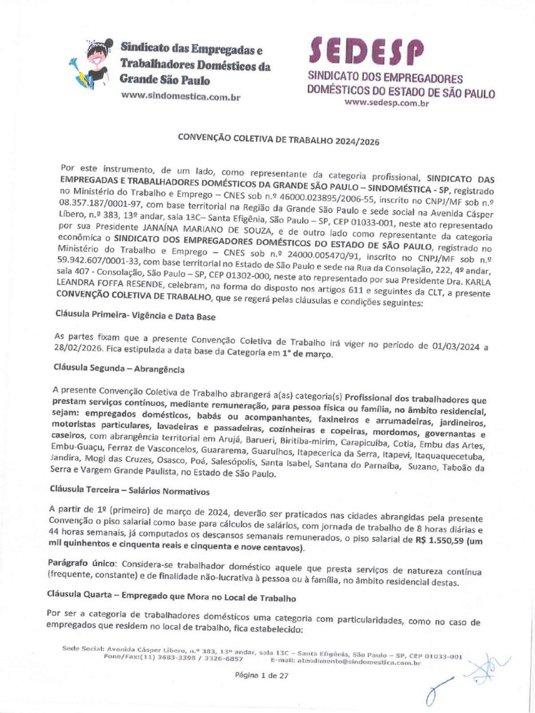 DOMÉSTICAS CCT 2024 2026 Sindomestica Sedesp | PDF