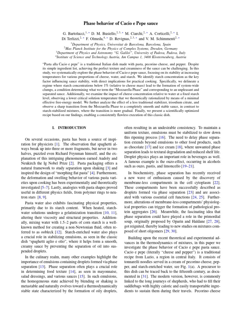 Cacio e Pepe Pasta - Scientific Recipe | PDF | Pasta | Water