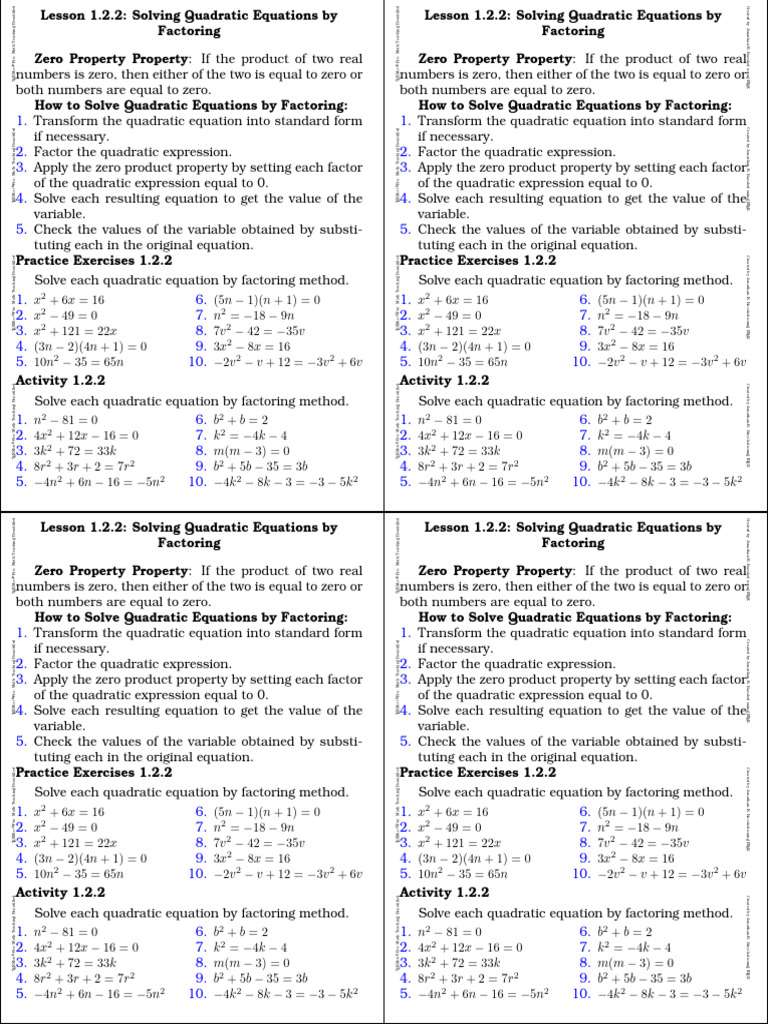 1.2.2 hand-solving-quadratic-equations-by-factoring | PDF | Equations ...