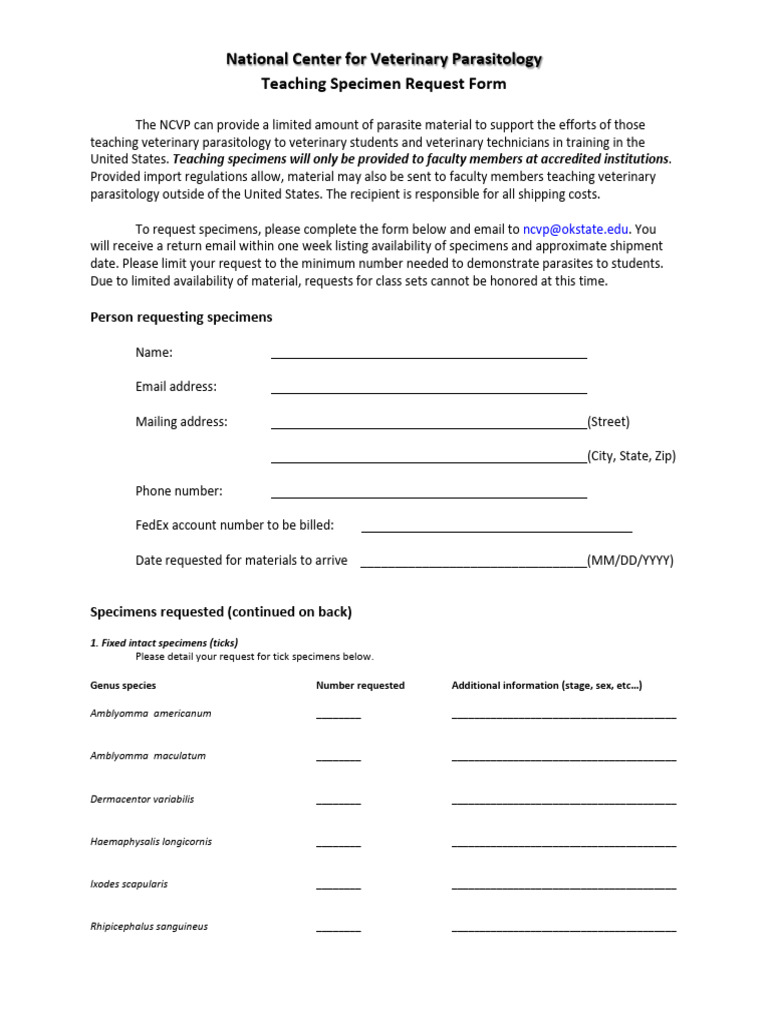 Teaching Specimen Request Form | PDF | Parasitology | Microbiology