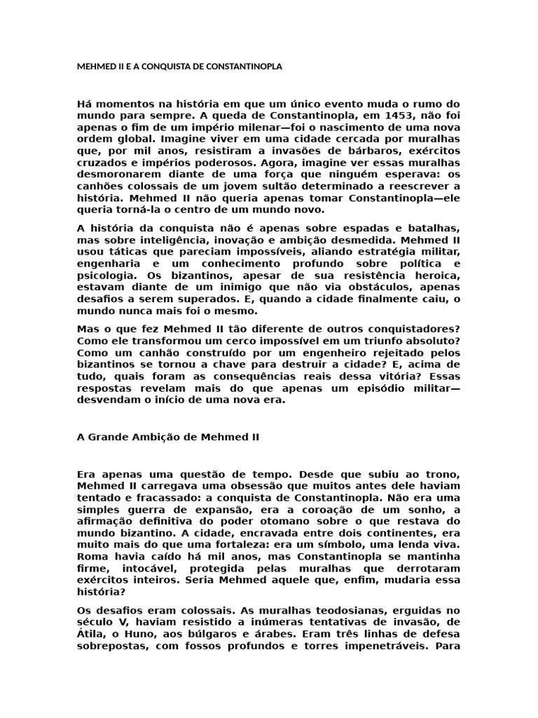 Mehmed II e a Queda de Constantinopla | PDF | Império Bizantino | Cerco