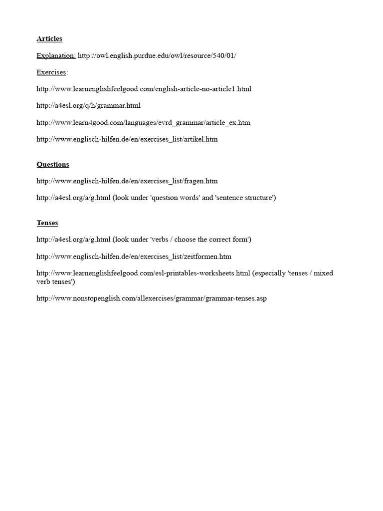 Articles Questions Tenses Links | PDF