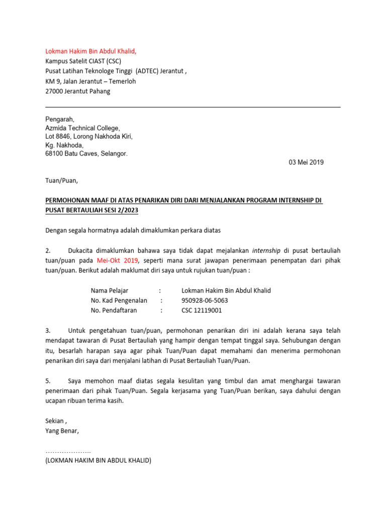 Contoh Surat Tolak Dari Pelajar | PDF