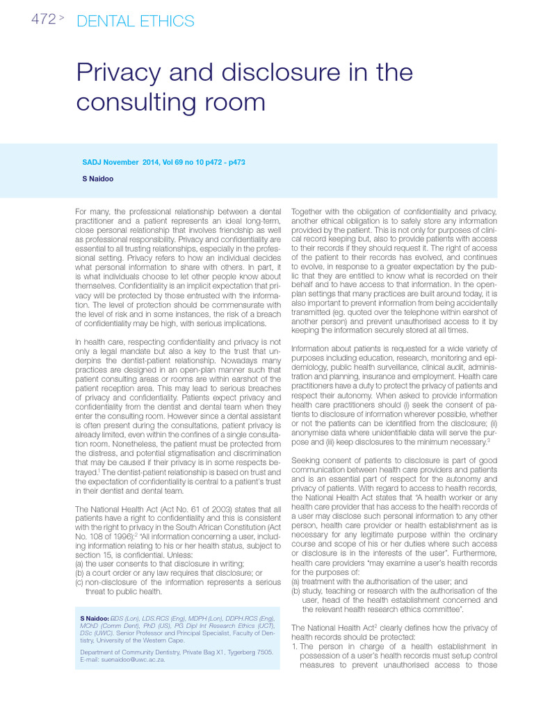 Naidoo Privacy and Disclosure in The Consulting Room Dental Ethics | PDF | Privacy | Confidentiality