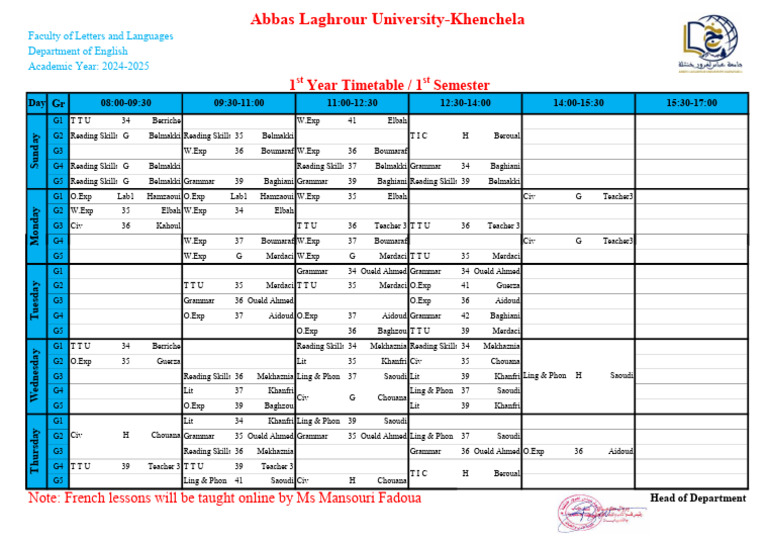 1st Year Timetable - 1st Semester | PDF