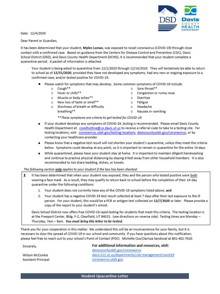 Mylee Lomax Quarantine Letter Template | PDF | Diseases And Disorders ...