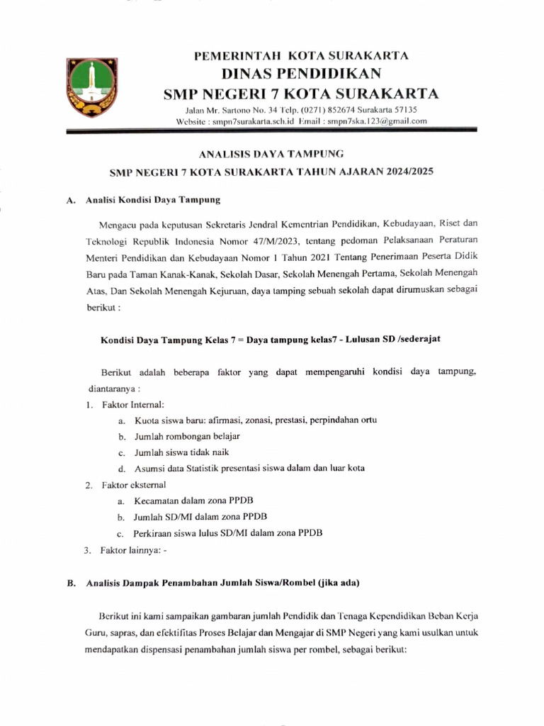 Analisis Daya Tampung SMPN 7 | PDF
