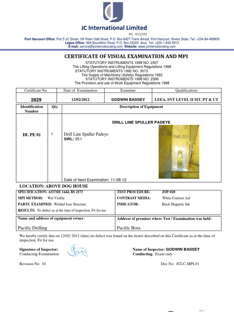 International Limited: Certificate of Visual Examination and Mpi ...
