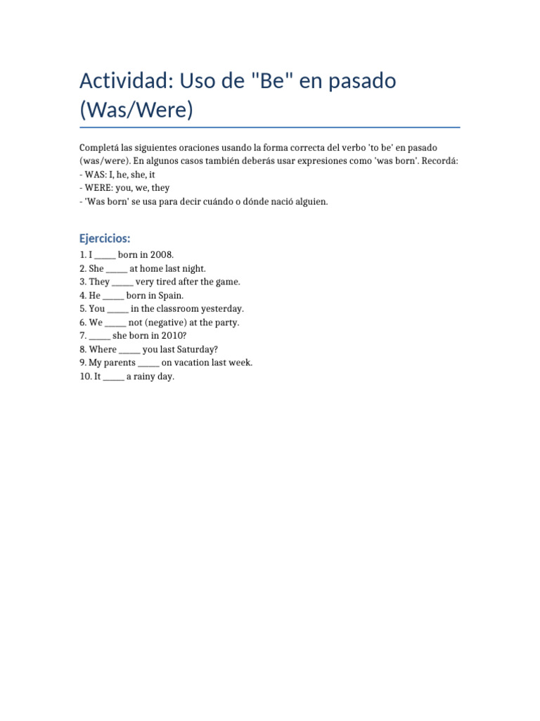 Actividad - Verbo Be en Pasado | PDF