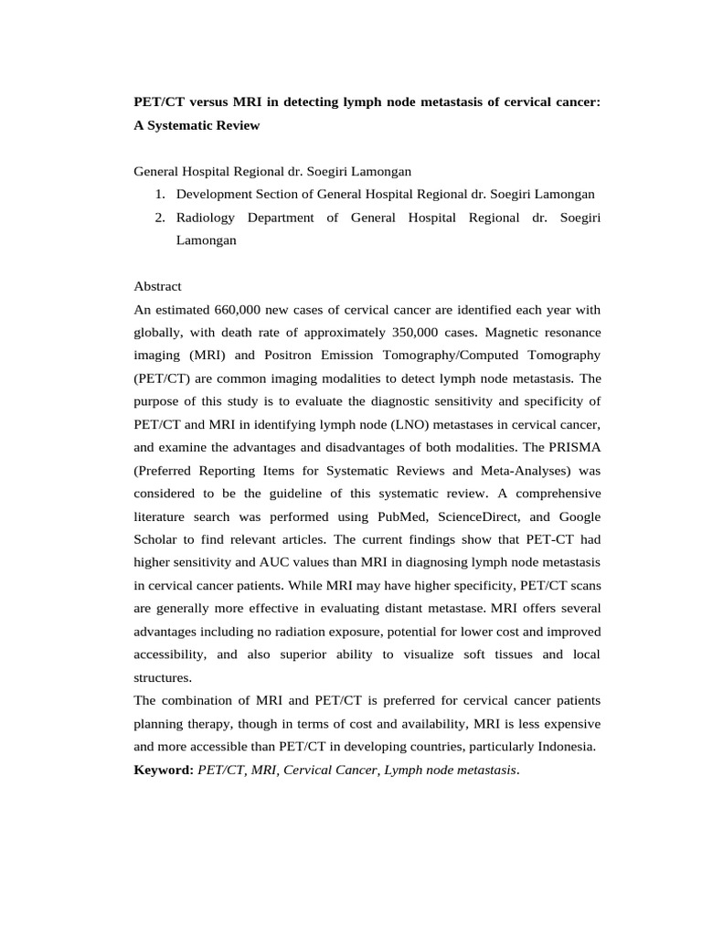 PET/CT vs MRI for Cervical Cancer Metastasis | PDF