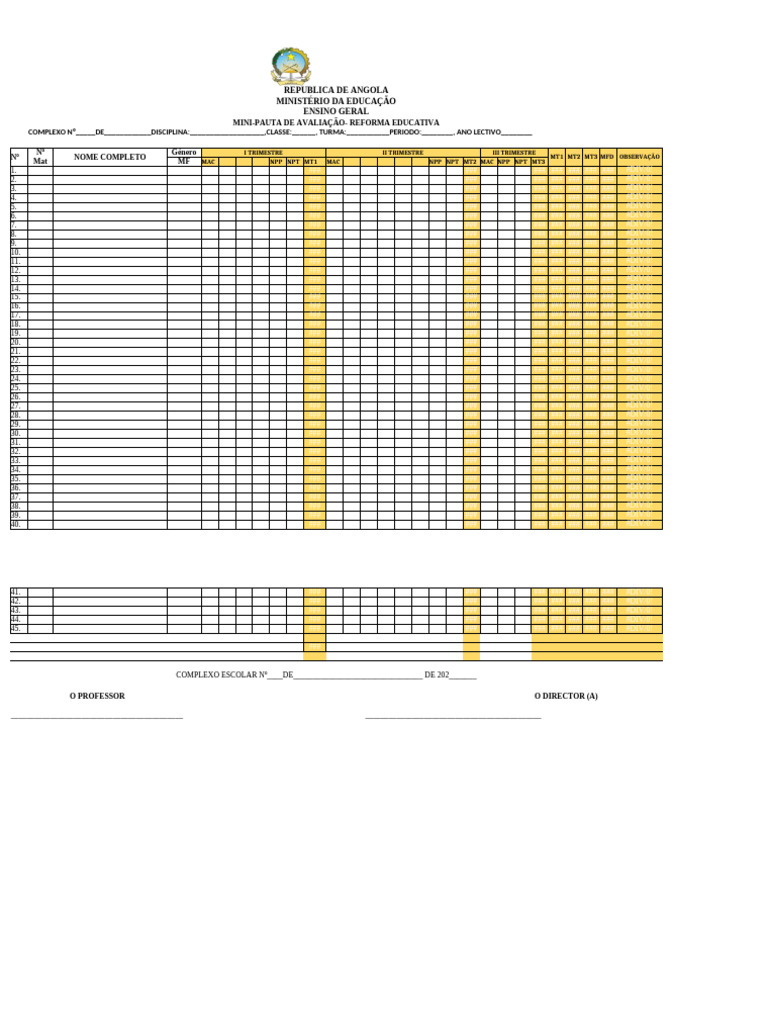 Modelo de Mini - Pauta I e Ii Ciclo - Angola | PDF