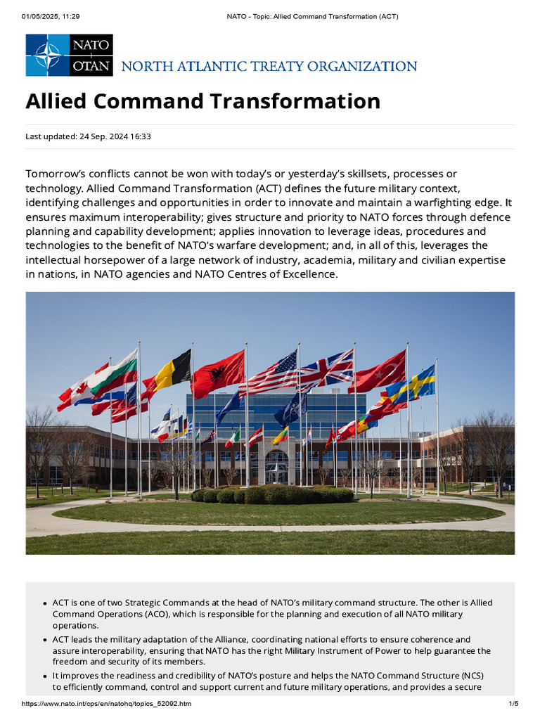 Allied Command Transformation Overview | PDF | Nato | Military