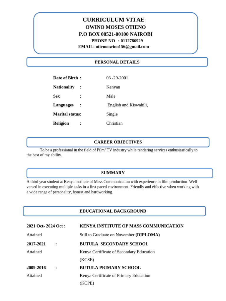Moses Otieno: Film Production CV | PDF | Kenya