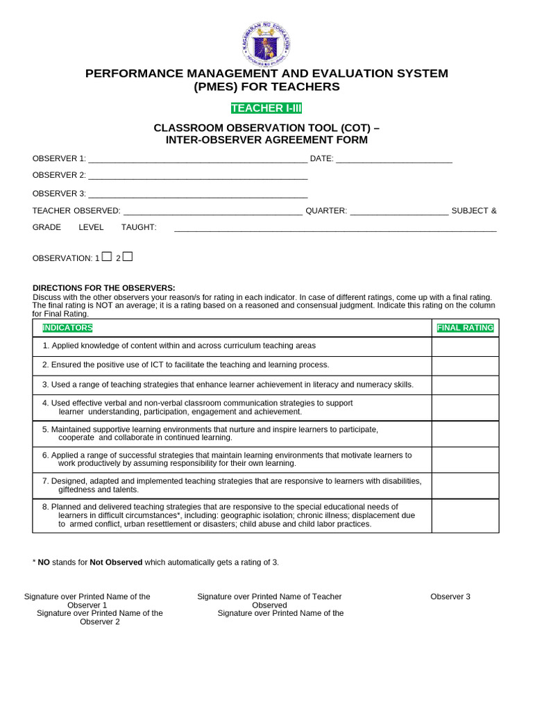 Annex C-4 - COT Inter-Observer Agreement Form For Proficient Teacher For SY 2024-2025 | PDF ...