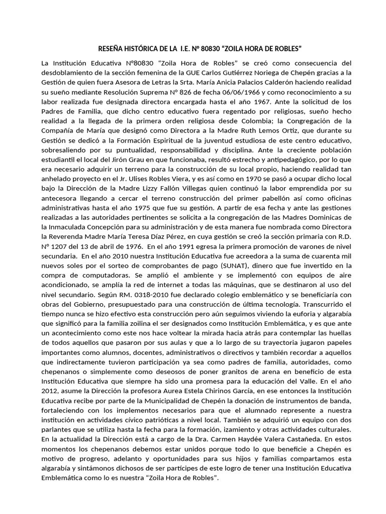Historia de la I.E. N° 80830 "Zoila Hora" | PDF
