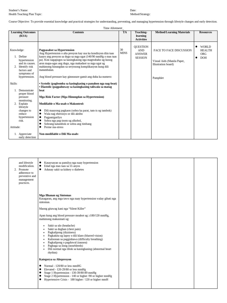 Health Teaching Plan 2 2 | PDF