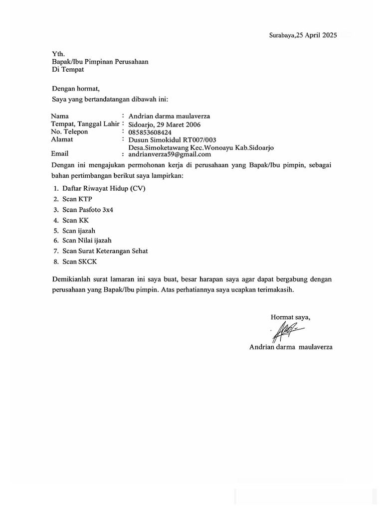 CV Lamaran Kerja Andrian Darma Maula Verza | PDF