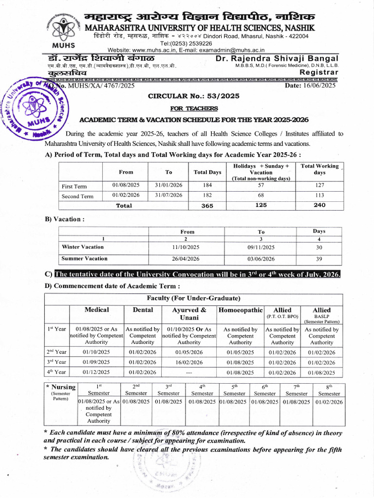 MUHS Academic Calendar 2025-26 | PDF | Schools | Academia