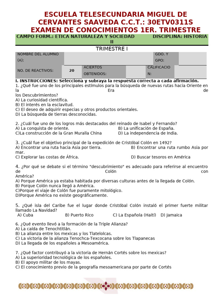 Examen Historia | PDF | Nueva españa | Cristobal colon
