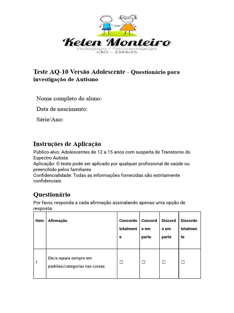 Teste AQ-10 para Adolescentes com Autismo | PDF