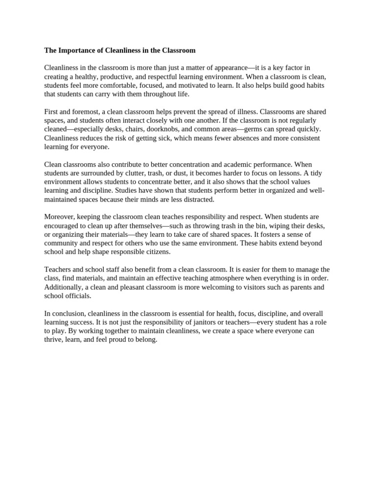 Importance of Classroom Cleanliness | PDF