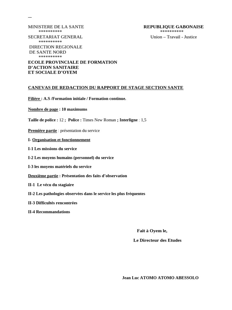 Rapport de Stage en Santé à Oyem | PDF