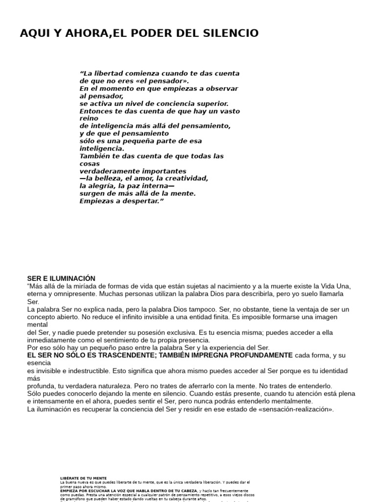 Aqui Y Ahora El Poder Del Silencio Pdf Pensamiento Mente