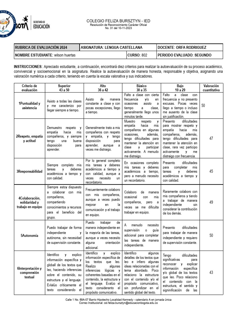 Periodo 2 Rubrica Español Orfa | PDF | Aprendizaje | Comunicación humana