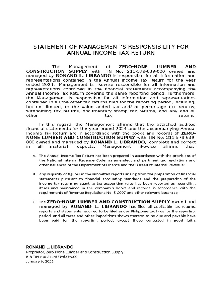 Statement of Management | PDF | Taxes | Income Tax