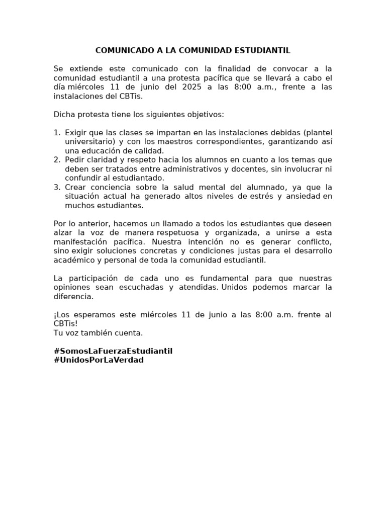 Comunicado A La Comunidad Estudiantil | PDF