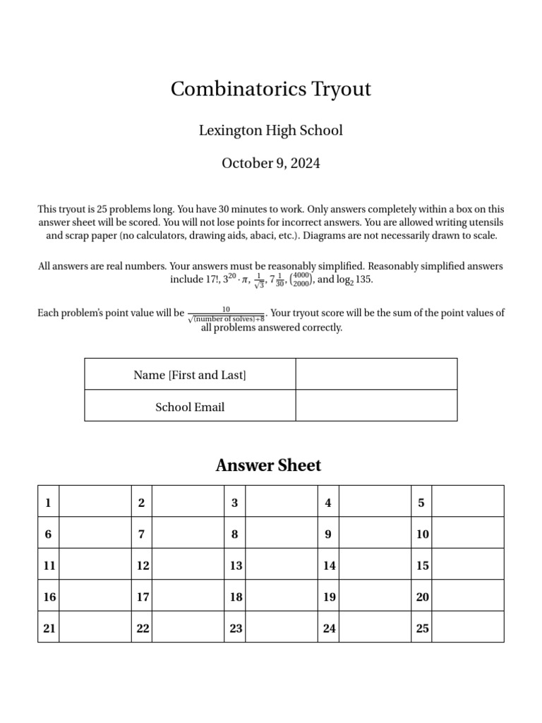 Combo Tryout 24-25 Solutions | PDF | Combinatorics | Discrete Mathematics