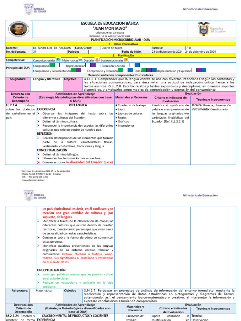Planificaciòn Cuarto - Semana 34 | PDF | Enseñando | Aprendizaje