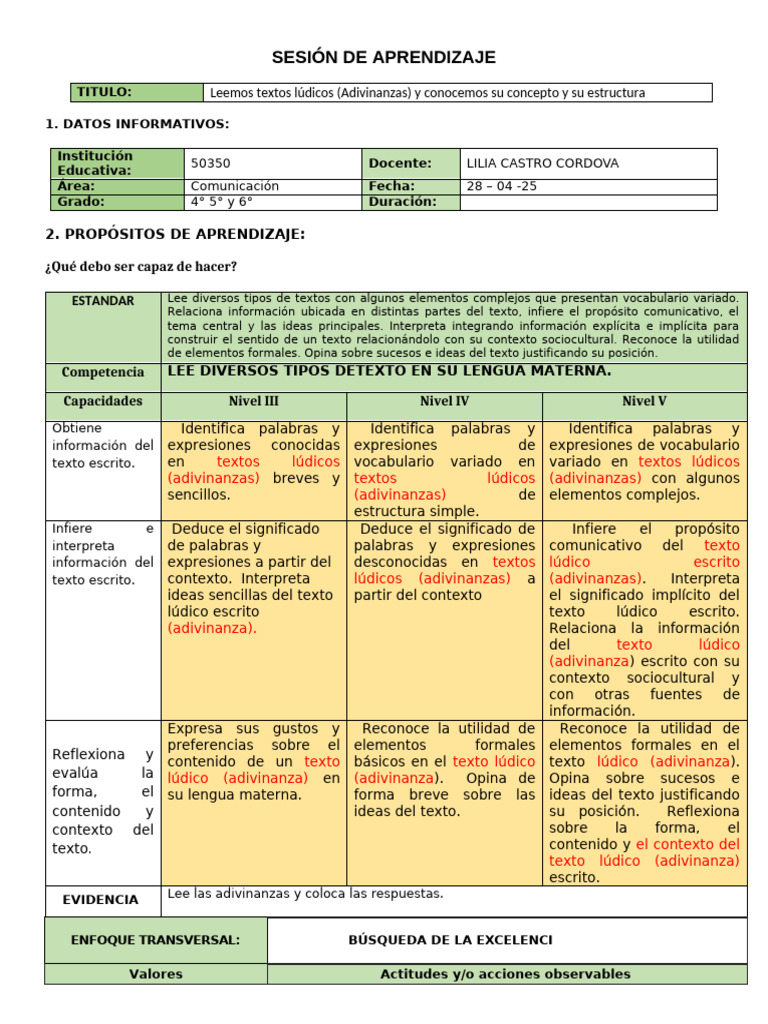 Sesión de Aprendizaje Leemos Adivinanzas 28-04.25 | PDF | Comprensión lectora | Información