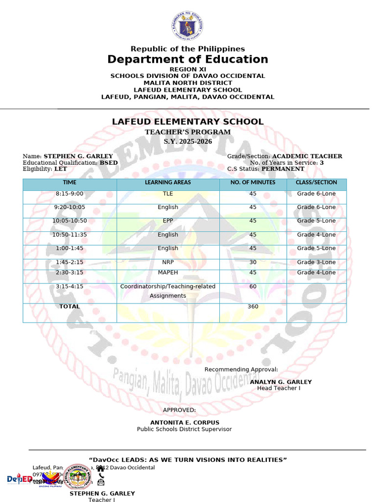 Lafeud Elementary School Teacher Program | PDF | Philippines