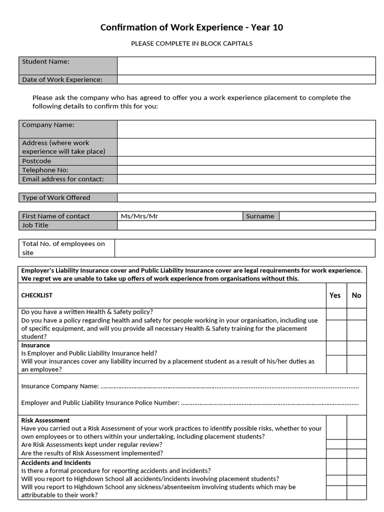 Confirmation of Work Experience - Year 10: Yes No | PDF | Risk ...