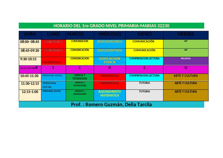 Horario de 1° Grado Nivel Primaria - Marias | PDF
