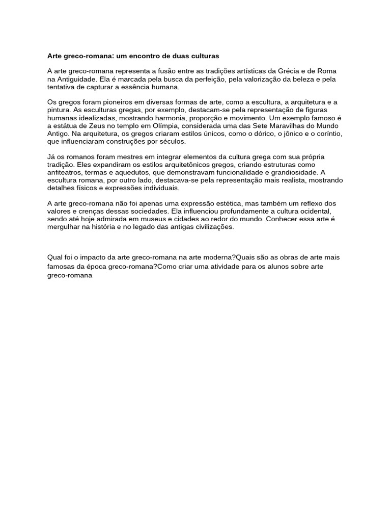Arte Greco-Romana: Fusão Cultural e Legado | PDF