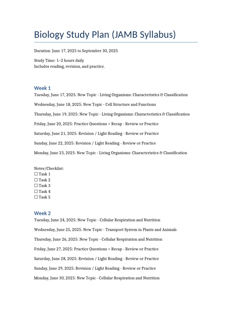 Biology Study Plan June To September 2025 | PDF | Cell Biology | Ecology