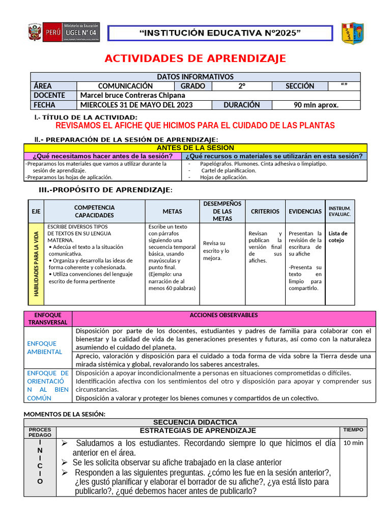 Sesion Com Escribimos Afiche Cuidado de Las Plantas | PDF | Aprendizaje