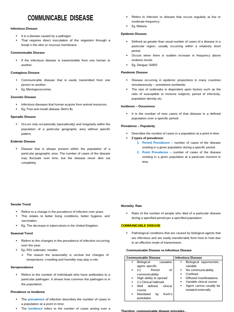 Communicable Disease Notes | PDF | Infection | Health Sciences
