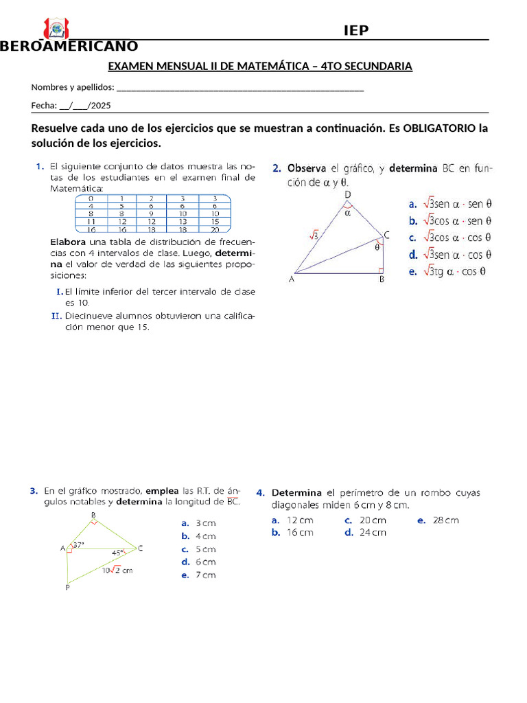 Examen 4to Sec Mensual | PDF