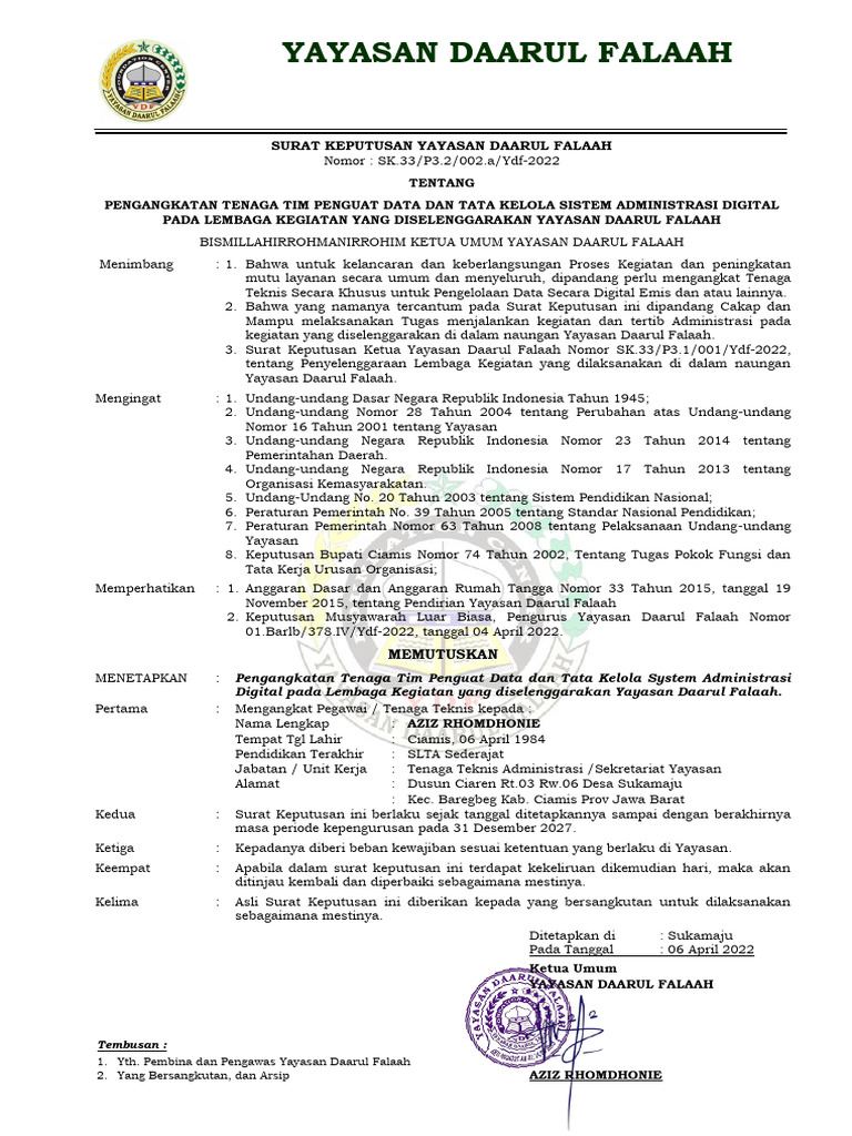SK Dan Surat Tugas Operator Azis | PDF