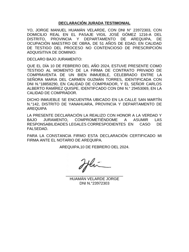Declaración Jurada de Testigo en Arequipa | PDF