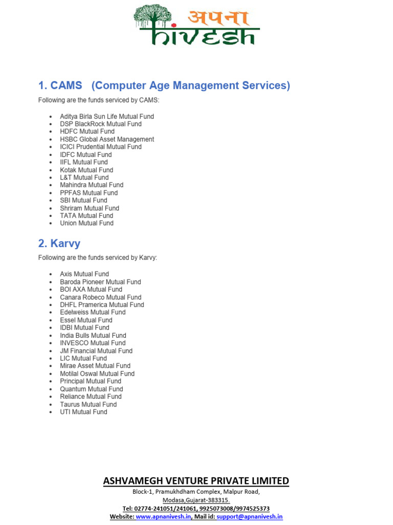 Mutual Funds Serviced by CAMS and Karvy | PDF