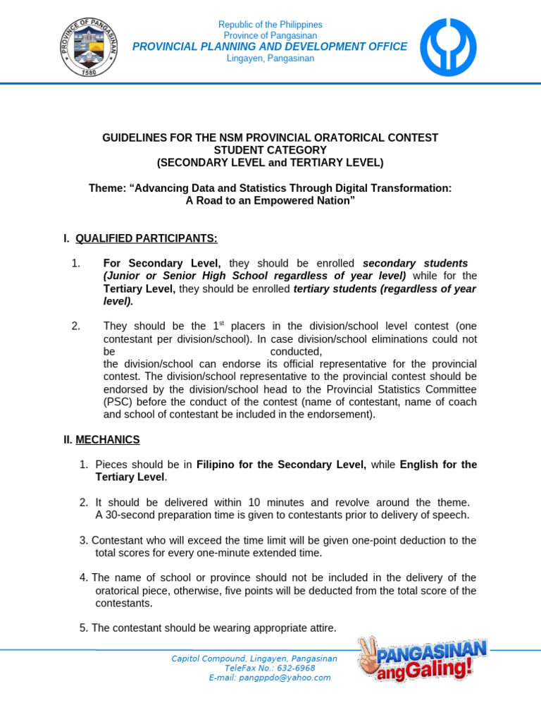 Pangasinan Oratorical Contest Guidelines | PDF | Human Communication